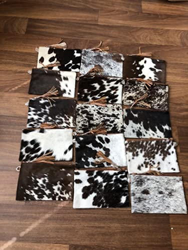 Real Cowhide Handbag Wristlet Clutch Purse Wallet Black Brown Leather Lined Double Sided 8.5"x5.5"