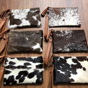 Real Cowhide Handbag Wristlet Clutch Purse Wallet Black Brown Leather Lined Double Sided 8.5"x5.5"