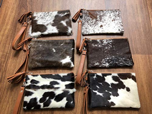 Real Cowhide Handbag Wristlet Clutch Purse Wallet Black Brown Leather Lined Double Sided 8.5"x5.5"