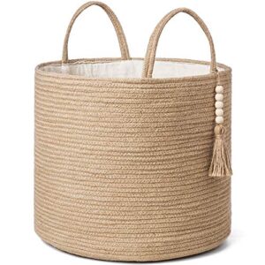 mkono woven storage basket decorative rope basket wooden bead decoration for blankets,toys,clothes,shoes,plant organizer bin with handles living room home decor, jute, 16″ w × 13.8″l