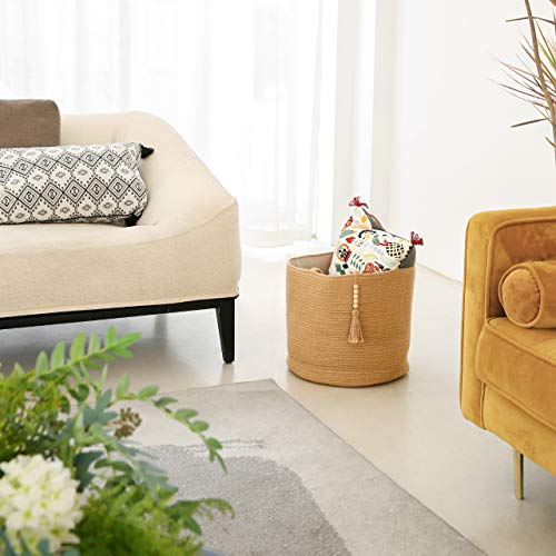 Mkono Woven Storage Basket Decorative Rope Basket Wooden Bead Decoration for Blankets,Toys,Clothes,Shoes,Plant Organizer Bin with Handles Living Room Home Decor, Jute, 16" W × 13.8"L