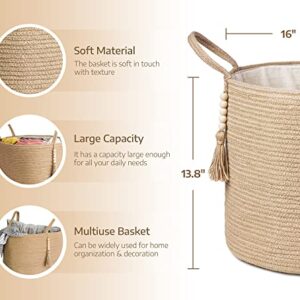 Mkono Woven Storage Basket Decorative Rope Basket Wooden Bead Decoration for Blankets,Toys,Clothes,Shoes,Plant Organizer Bin with Handles Living Room Home Decor, Jute, 16" W × 13.8"L