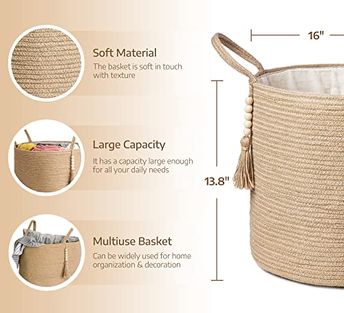 Mkono Woven Storage Basket Decorative Rope Basket Wooden Bead Decoration for Blankets,Toys,Clothes,Shoes,Plant Organizer Bin with Handles Living Room Home Decor, Jute, 16" W × 13.8"L