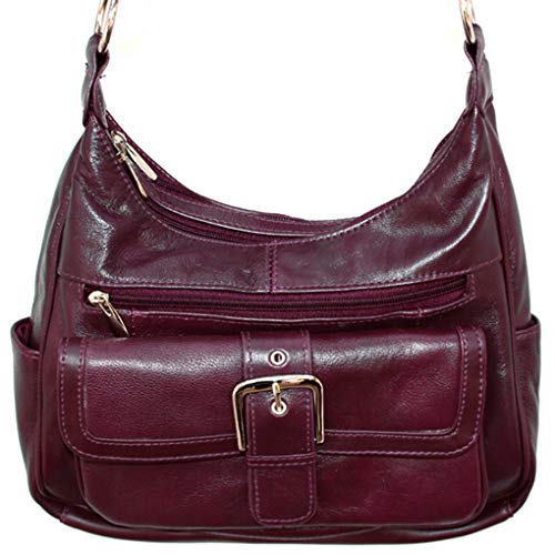 Silver Fever® Leather Buckle Flap Hobo Handbag (burgundy)