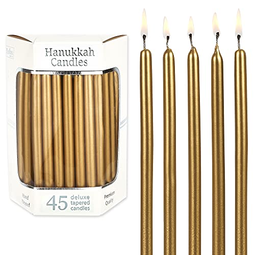 Drip Less Hanukkah Candles 5.75" Tall Metallic Gold Candle Set of 45 Enough for 8 Nights Fits Standard Menorah Decorative Candles for Parties, Birthday, Weddings, Holiday Decorations by Aviv Judaica