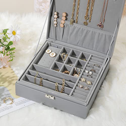 misaya Jewelry Boxes for Women, Jewelry Organizer with Lock and Key, Birthday and Back To School Gift, 2-Layer Jewelry Holder for Earring Ring Necklace, Grey