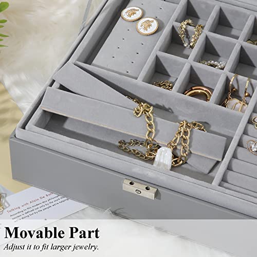 misaya Jewelry Boxes for Women, Jewelry Organizer with Lock and Key, Birthday and Back To School Gift, 2-Layer Jewelry Holder for Earring Ring Necklace, Grey