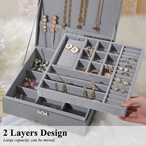 misaya Jewelry Boxes for Women, Jewelry Organizer with Lock and Key, Birthday and Back To School Gift, 2-Layer Jewelry Holder for Earring Ring Necklace, Grey