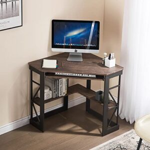 VECELO Corner Computer Desk 41 x 30 inches with Smooth Keyboard & Storage Shelves for Home Office Workstation, Rustic Natural Brown