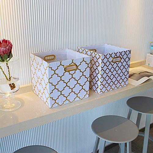 BAIST Storage Cubes Organizer Gold Storage Bins 11 inch Storage Cube Bins Collapsible Cloth Storage Cube with Metal Handles for Shelves Closet Bedroom Cloth Toys Foods Baby (2-Pack, Gold Circle)