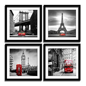 englant 4 pieces framed canvas wall art, black white and red wall decor landscape poster with eiffel tower, brooklyn bridge, london big ben picture for bedroom and bathroom