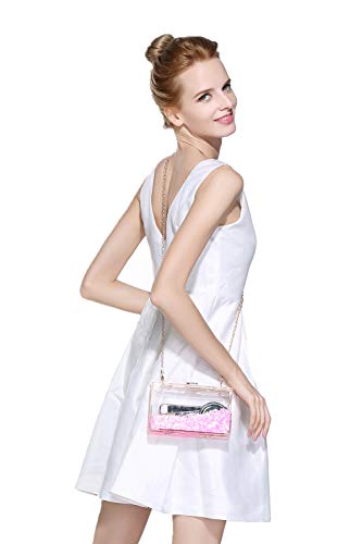 JeVenis Womens Transparent Sequins Chain Clutch Evening Handbag Party Cross-body Purse (Love Pink)