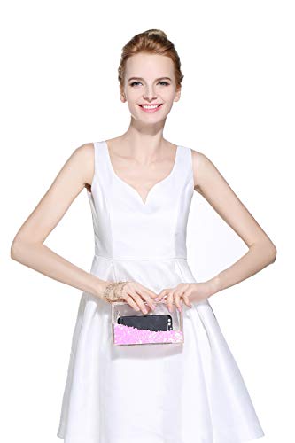 JeVenis Womens Transparent Sequins Chain Clutch Evening Handbag Party Cross-body Purse (Love Pink)