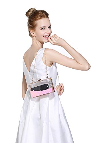 JeVenis Womens Transparent Sequins Chain Clutch Evening Handbag Party Cross-body Purse (Love Pink)