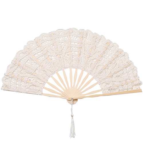 BABEYOND Cotton Lace Folding Handheld Fan Embroidered Bridal Hand Fan with Bamboo Staves for Wedding Decoration Dancing Party (Beige)