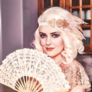 BABEYOND Cotton Lace Folding Handheld Fan Embroidered Bridal Hand Fan with Bamboo Staves for Wedding Decoration Dancing Party (Beige)