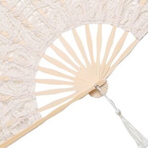 BABEYOND Cotton Lace Folding Handheld Fan Embroidered Bridal Hand Fan with Bamboo Staves for Wedding Decoration Dancing Party (Beige)