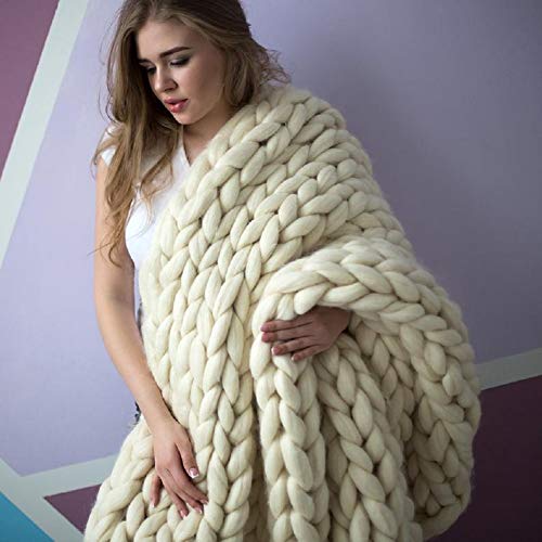 VIYEAR Chunky Knit Blanket Soft Handmade Knitting Throw Bedroom Sofa Decor Super Large Ivory White 40"x59''