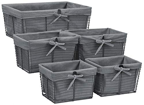 Sorbus Premium Basket Set with Cotton Fabric Liner - Multipurpose Versatile Stackable Baskets for Organizing - Rustic Farmhouse Open Home Storage Bins & Decorative Baskets for Shelves - 5 Pack | Gray