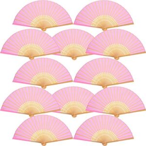 bememo hand held fans silk bamboo folding fans handheld folded fan for church wedding gift, party favors, diy decoration (12 pack, pink)