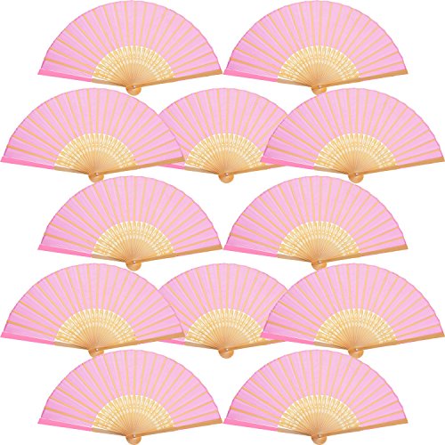 Bememo Hand Held Fans Silk Bamboo Folding Fans Handheld Folded Fan for Church Wedding Gift, Party Favors, DIY Decoration (12 Pack, Pink)