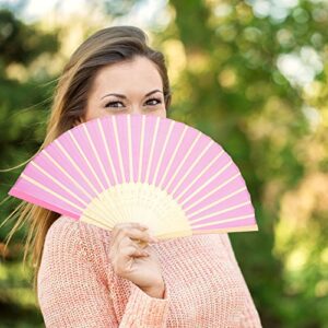 Bememo Hand Held Fans Silk Bamboo Folding Fans Handheld Folded Fan for Church Wedding Gift, Party Favors, DIY Decoration (12 Pack, Pink)