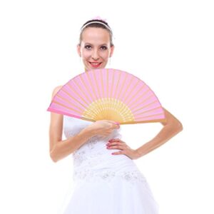 Bememo Hand Held Fans Silk Bamboo Folding Fans Handheld Folded Fan for Church Wedding Gift, Party Favors, DIY Decoration (12 Pack, Pink)