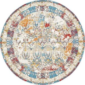 Unique Loom Rosso Collection Vintage, Traditional, Distressed, Bohemian, Botanical, Southwestern Area Rug, Round 8' 0" x 8' 0", Multi/Blue