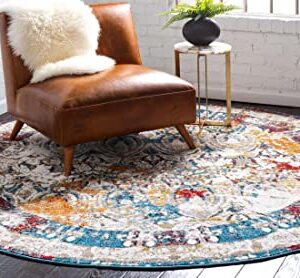 Unique Loom Rosso Collection Vintage, Traditional, Distressed, Bohemian, Botanical, Southwestern Area Rug, Round 8' 0" x 8' 0", Multi/Blue