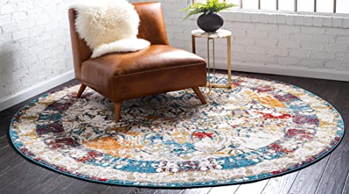 Unique Loom Rosso Collection Vintage, Traditional, Distressed, Bohemian, Botanical, Southwestern Area Rug, Round 8' 0" x 8' 0", Multi/Blue