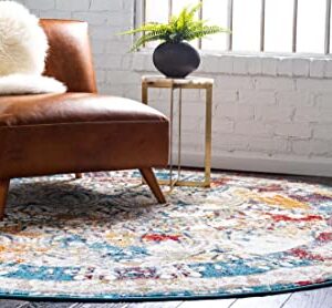 Unique Loom Rosso Collection Vintage, Traditional, Distressed, Bohemian, Botanical, Southwestern Area Rug, Round 8' 0" x 8' 0", Multi/Blue