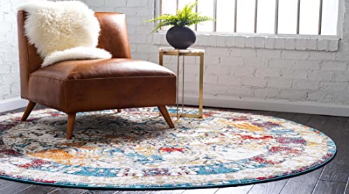 Unique Loom Rosso Collection Vintage, Traditional, Distressed, Bohemian, Botanical, Southwestern Area Rug, Round 8' 0" x 8' 0", Multi/Blue