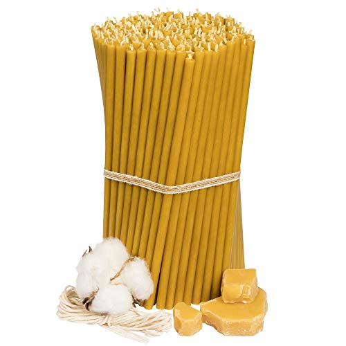 Diveevo Church Beeswax Candles - Honey 200 pcs. I Ritual Candles L-7.30 in, Ø-0.24 in I 60 min Burning time of Yellow Color I of Thin drip- and smokeless Candles