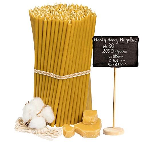 Diveevo Church Beeswax Candles - Honey 200 pcs. I Ritual Candles L-7.30 in, Ø-0.24 in I 60 min Burning time of Yellow Color I of Thin drip- and smokeless Candles