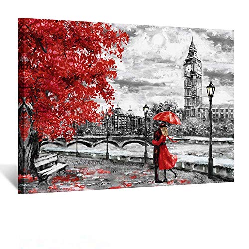 Kreative Arts Lovers Canvas Wall Art Couple Kissing in Rain with Red Umbrella Artwork Romantic Painting for Living Room Bedroom Bathroom Wall Decor Stretched and Framed Ready to Hang 24x32inch