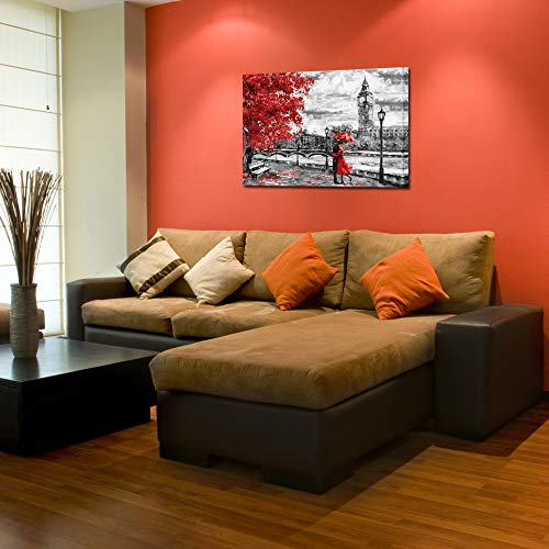 Kreative Arts Lovers Canvas Wall Art Couple Kissing in Rain with Red Umbrella Artwork Romantic Painting for Living Room Bedroom Bathroom Wall Decor Stretched and Framed Ready to Hang 24x32inch