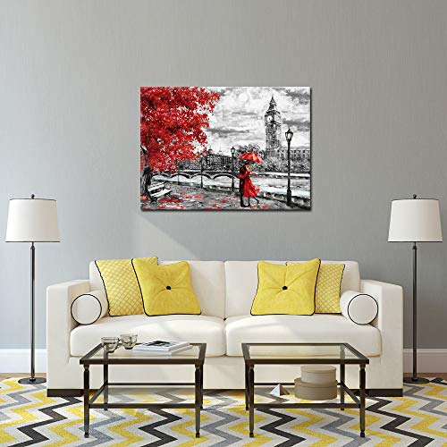 Kreative Arts Lovers Canvas Wall Art Couple Kissing in Rain with Red Umbrella Artwork Romantic Painting for Living Room Bedroom Bathroom Wall Decor Stretched and Framed Ready to Hang 24x32inch