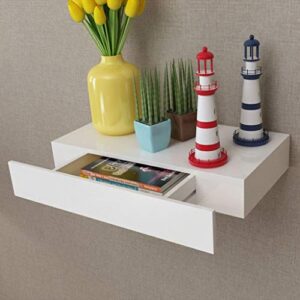 festnight floating wall display shelves book dvd storage with a drawer for living room, white