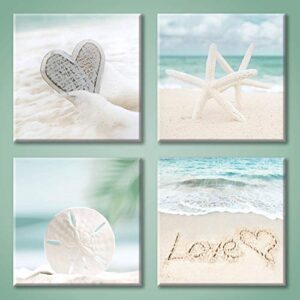 utop-art aqua beach seashell pictures artwork: love & starfish canvas print wall art for bathroom (12” x 12” x 4 panels)