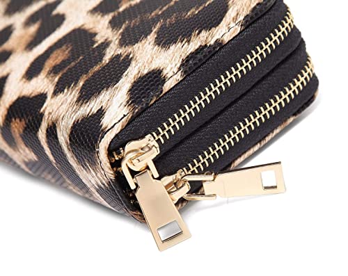 Nabegum Leopard Travel Wallet for Women Cheetah Cow Print Double Zipper Pocket Ladies Purse Large Capacity