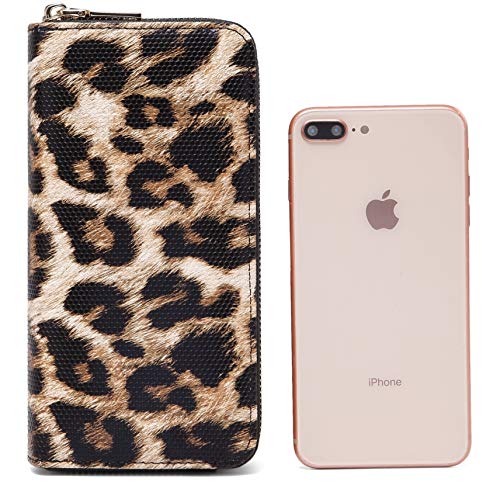 Nabegum Leopard Travel Wallet for Women Cheetah Cow Print Double Zipper Pocket Ladies Purse Large Capacity