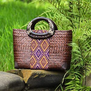 QTKJ Women Summer Retro Straw Bag with Printing Hand-woven Beach Handbag Leaf Pattern Wooden Handle Boho Tote Bag Shopping and Travel Large Bag (Brown)