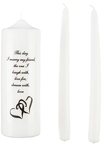 Celebration Candles Wedding Unity 9-Inch This Day I Marry My Friend Pillar Candle with Double Heart Motif and 10-Inch Taper Candle Set, Ivory