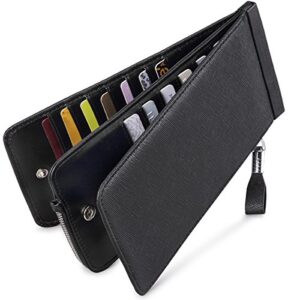 huztencor women’s credit card holder rfid blocking leather multi card organizer wallet slim long zipper bi-fold business card case clutch wallet with id window black (fba)