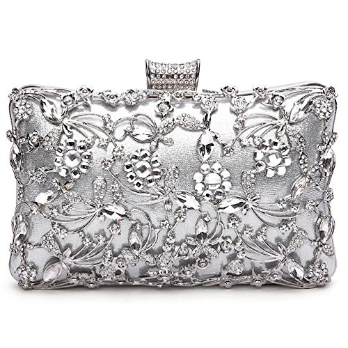 Womens Beaded Clutch Rhinestone Evening Bag Wedding Bridal Prom Purse,Silver.