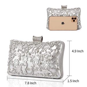 Womens Beaded Clutch Rhinestone Evening Bag Wedding Bridal Prom Purse,Silver.