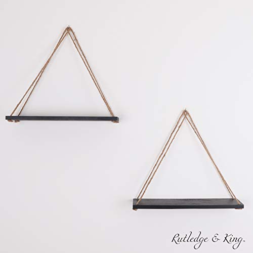 Rutledge & King Hanging Wall Shelves - Distressed Wooden Hanging Storage Shelves - Rustic Swing Rope (1, Black)