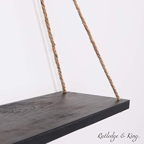 Rutledge & King Hanging Wall Shelves - Distressed Wooden Hanging Storage Shelves - Rustic Swing Rope (1, Black)