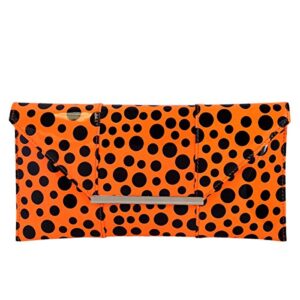 polka dot patent envelope clutch, orange