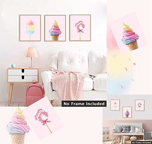 Barri Design Candy Poster Rainbow Ice Cream Cotton Candy Wall Art Decor Girls Bedroom Wall Decor Modern Art Pink Poster Kids Room Decor(UNFRAMED)